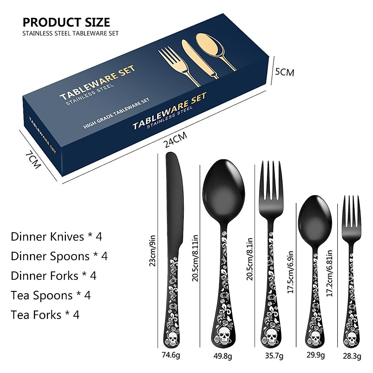 XIAOYU 20-Piece Bizarre Flatware Set, Gothic Skull Silverware Set for 4, Skeleton Flower Unique Pattern Design, Knives/Forks/Spoons Cutlery Set Halloween Event Tableware Utensils, Black