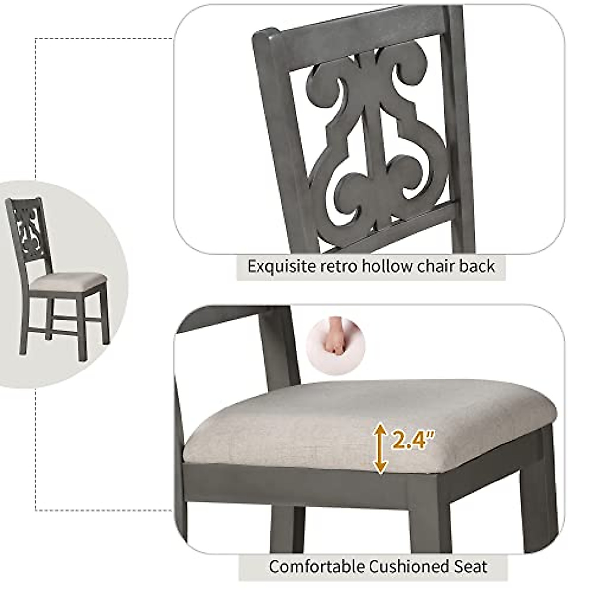 WOZNLA Comfortable 5-Piece Round 4-Kitchen Table Set Unique Special-Shaped Legs, Exquisite Hollow Chair Back Design in Dining Room, Gray