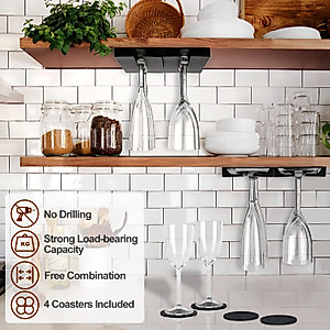 PTBeenta Plastic Wine Glass Rack, No Drilling Wine Glasses Holder Under Shelf & Cabinet, Hanging Stemware Rack Organizer Hanger for Bar Cabinet Kitchen, 4 Pack, Black, 4 Coasters Included