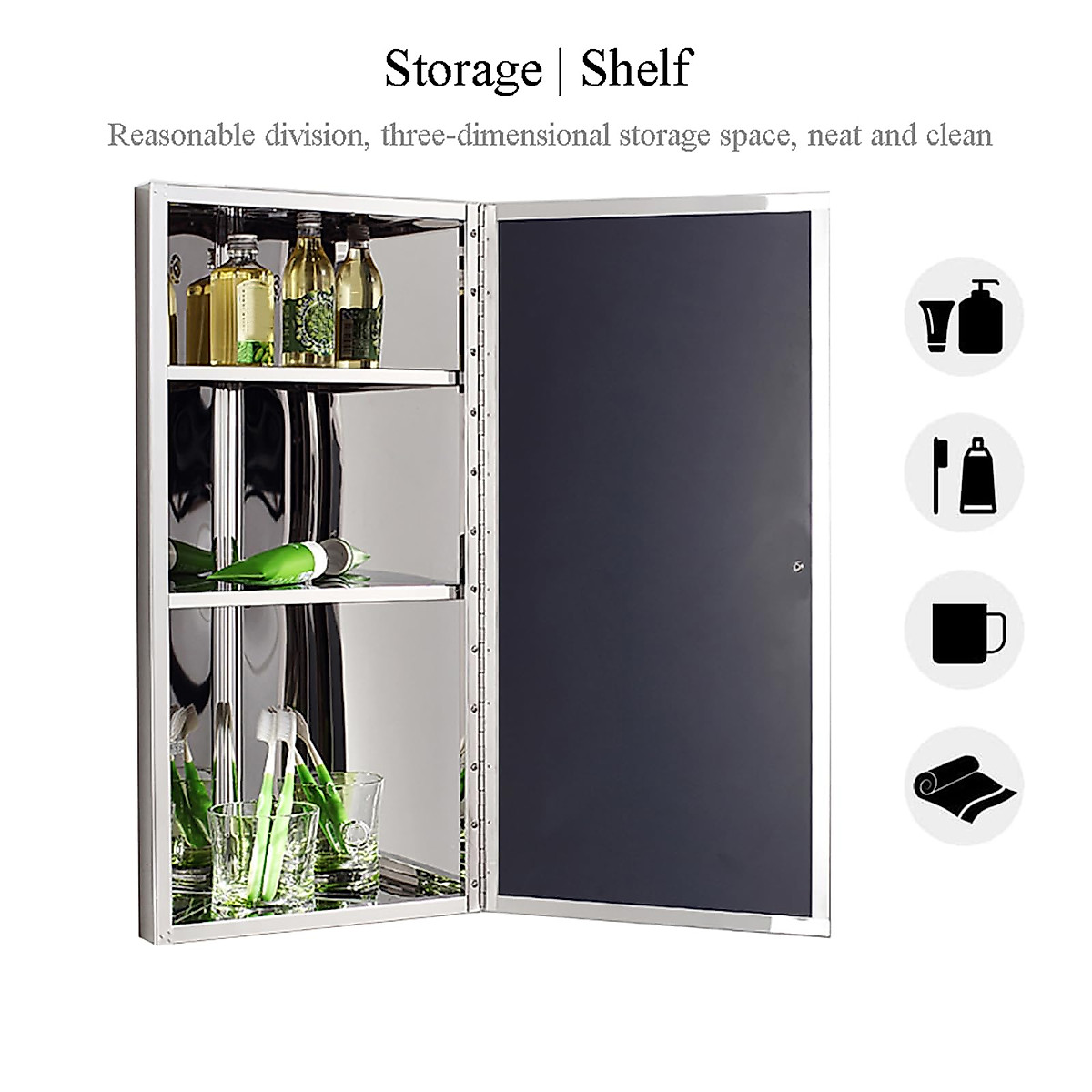 11.81" x23.6"x8.2" Bathroom Corner Medicine Cabinet W/Mirror Bright Stainless Steel Wall Mounted Mirror Cabinet Hanging Triple Shelf Storage Cabinet Cupboard (Right Door)