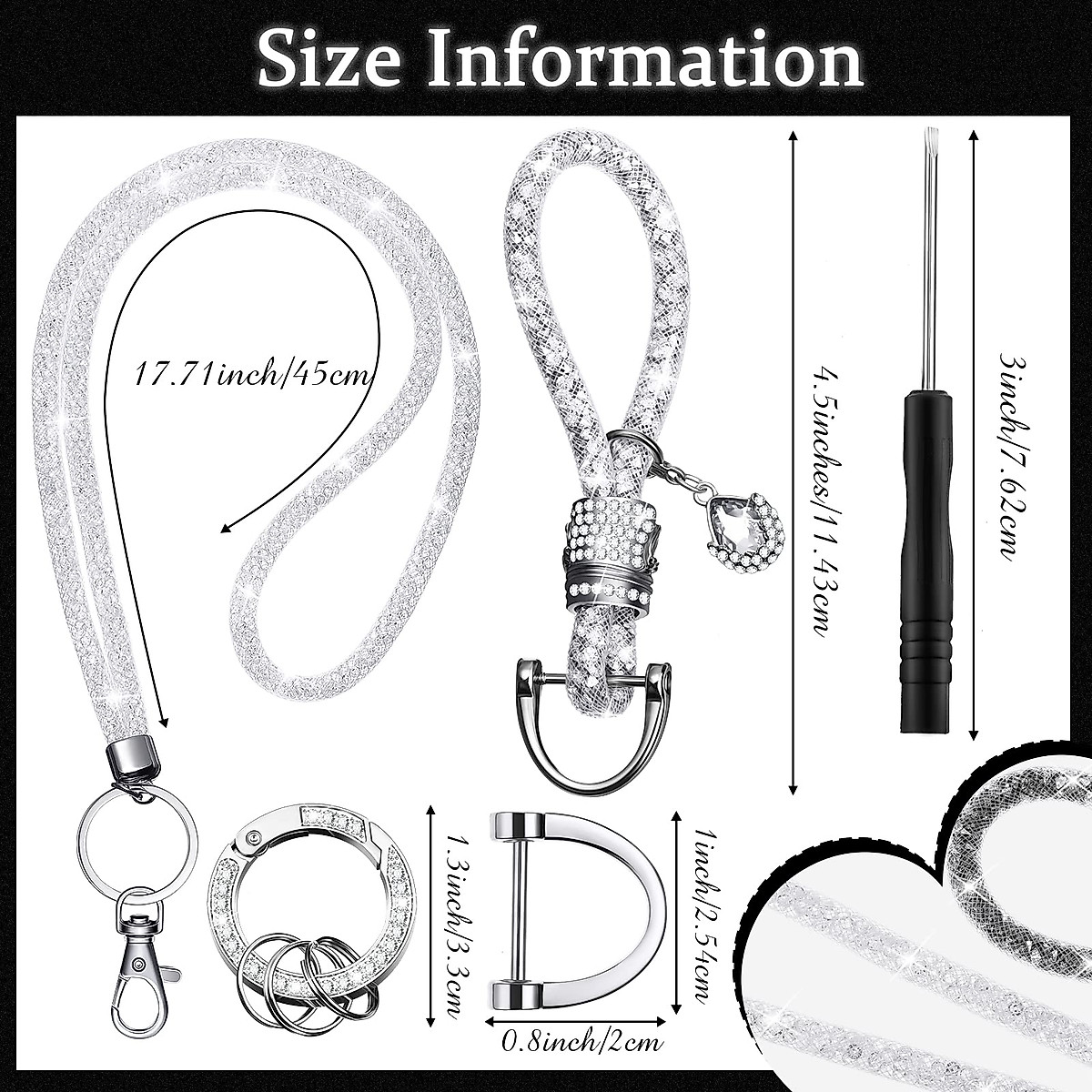 Leelosp Bling Rhinestone Wristlet Neck Lanyards Crystal Car Keychain with Diamond Metal Clasp Keychain for Women ID Badge (White)