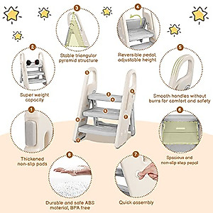 Onasti Foldable Toddler Step Stop for Bathroom Sink, Adjustable 3 Step Stool for Kids Toilet Potty Training Stool with Handles, Child Kitchen Counter Stool Helper, Plastic Ladder for Toddlers Grey