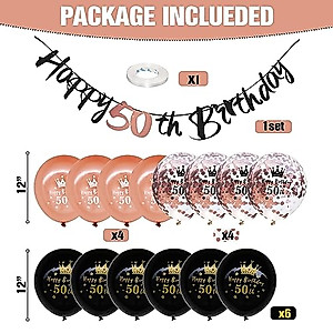 Happy 50th Birthday Banner Black Rosegold, 16 PCS 50th Birthday Decorations Kit with Happy 50th Birthday Banner Bunting 12 Inch Latex Confetti Balloons for Women 50th Birthday Party Decorations