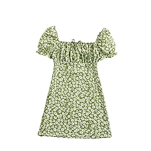Verdusa Girl's Floral Print Puff Sleeve Square Neck Short A Line Dress Mint Green 10Y