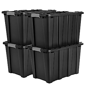BROVIEW V12 11Gal Heavy Duty Plastic Storage Bins with Latching Lids, Stackable Tough Tote Storage Box Containers with Lock Hole & Handle for Garage Workshop Metal Rack (Black Base/Blue Lid, 4Pack)