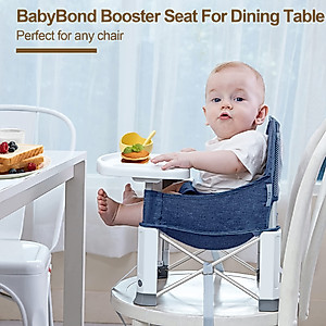 Baby Travel Booster Seat with Double Tray, BabyBond Upgraded Toddler Portable Baby Chair, Booster Seat for Dining Table, Stable and Foldable Booster Baby Chair for Indoor/Outdoor use (Denim Blue)