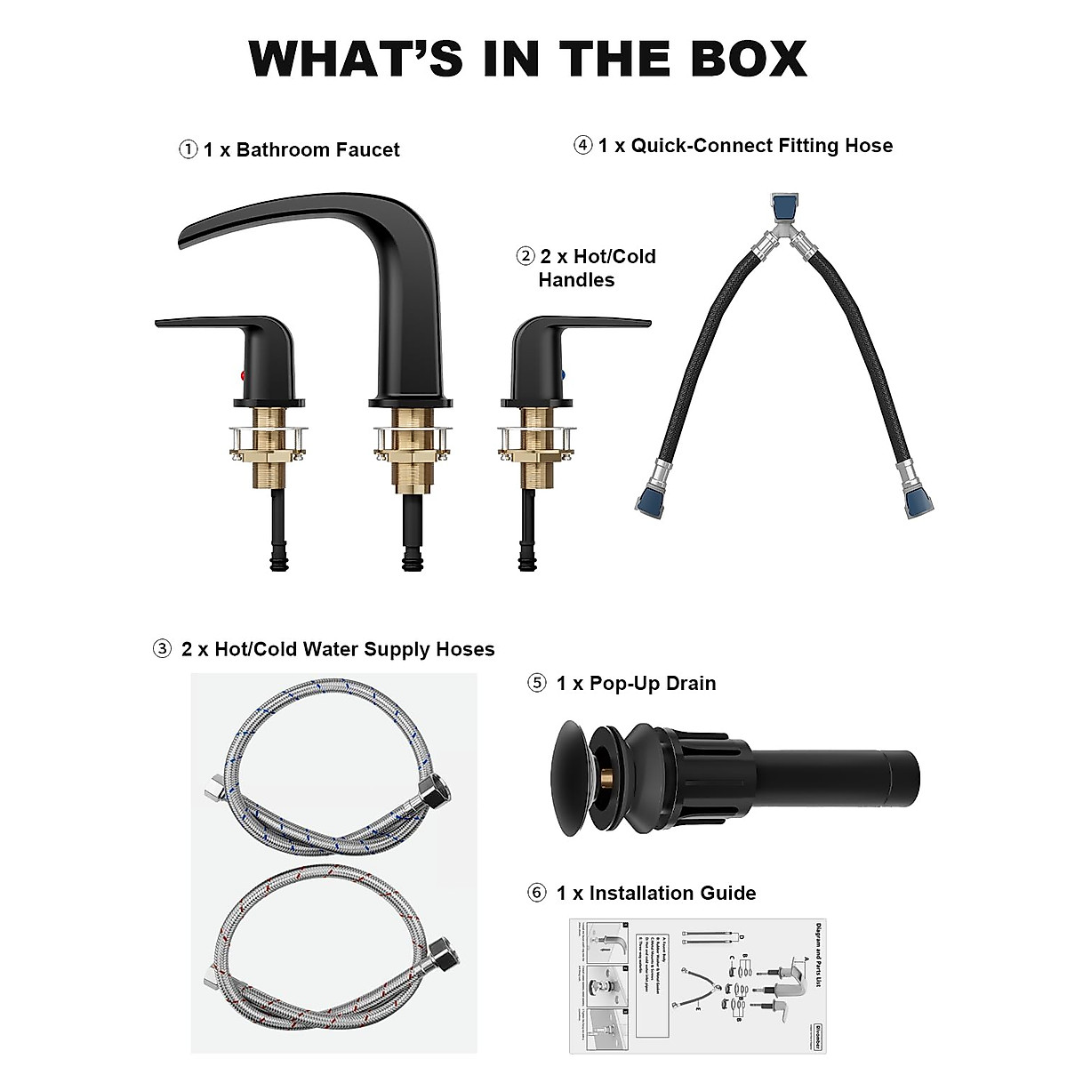 Waterfall Bathroom Sink Faucet, 3 Hole Matte Black Brass Modern Deck Mount 2 Handle Vanity Faucet with Metal Pop-up Drain Stopper & Water Supply Hoses