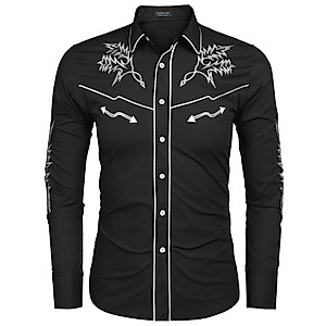 COOFANDY Men's Long Sleeve Embroidered Shirt Casual Slim Fit Button Down Western Shirts ,Black ,Medium