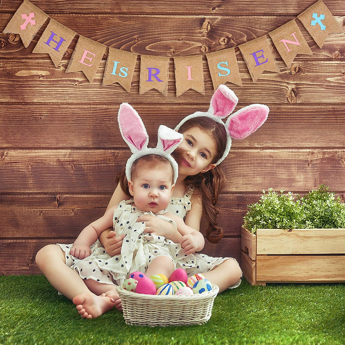 2 Sets Easter Burlap Banner HE is Risen Hanging Garland Printed Easter Bunting for Easter Day Decorations