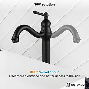 gotonovo Single Handle Vessel Sink Faucet 360° Swivel Bathroom Faucet One Hole Farmhouse Lavatory Vanity Faucet Bowl Sink Mixer Tap with Pop Up Drain, Matte Black