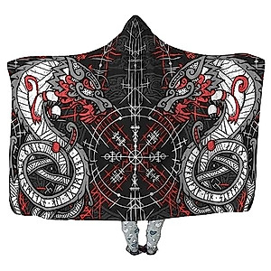 Viking 3D Printing Hooded Blanket Keeps Warm And Soft Vegvisir Viking Dragon Unisex Winter Wearable Hooded Blanket Double Layer Thick Plush Wool Blanket ( Color : Blanket , Size : 80x60in/150x200cm )