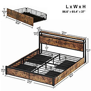LIKIMIO Queen Bed Frame with Storage Drawer, 2-Tier Storage Headboard with Charging Station, No Box Spring Needed, Easy Assembly, Vintage Brown