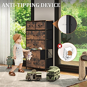 VredHom Fabric Dresser for Bedroom, Tall Skinny Dresser with 6 Drawers, Storage Organizer Tower, Steel Frame Wooden Top for Closet, Living Room, Hallway(Rustic Brown)