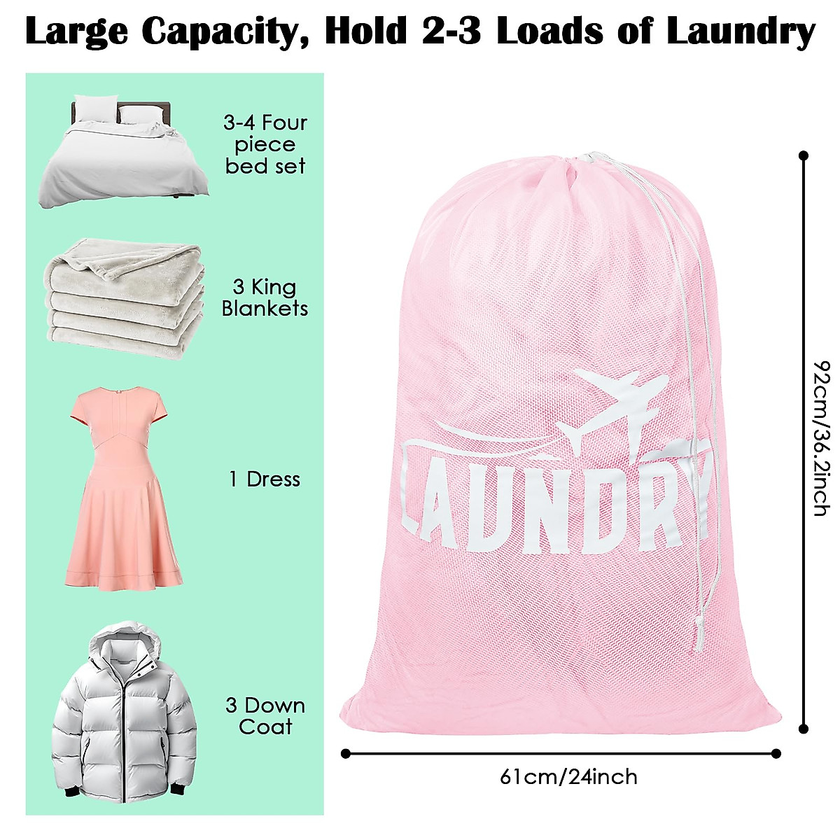 2 Pack Large Mesh Laundry Bag, Heavy Duty Laundry Bags with Drawstring, Laundry Hamper Liner, Machine Washable, for Travel, Storage, Sports, Dorms and Apartment Dwellers, 24 x 36 Inches (Pink+Green)