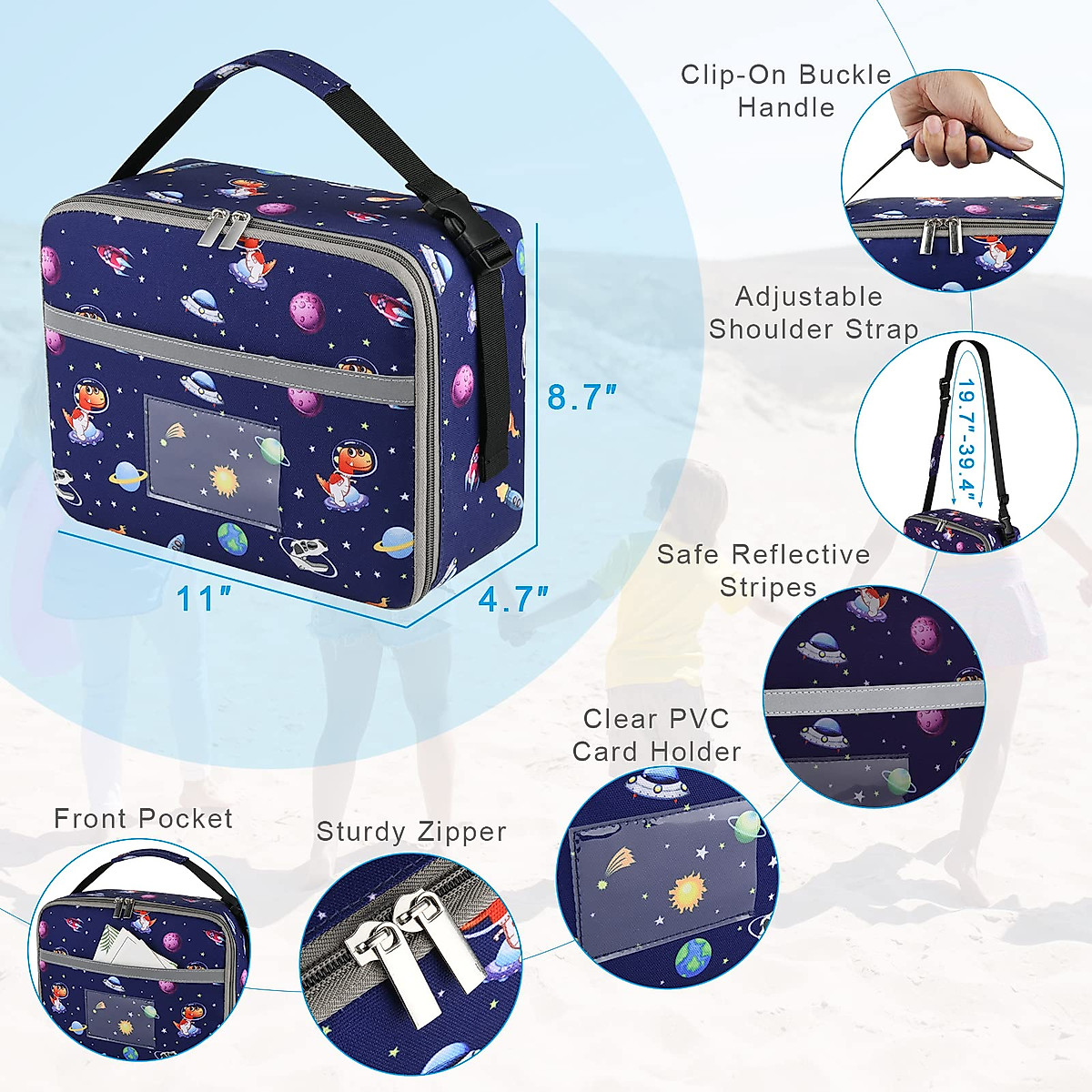 Lunch Bag Kids - Reusable Insulated Lunch Box for Boys & Girls with Adjustable Dividers & Strap, Safe Reflective Stripes, Name Tag Holder, Lunch Bag for School & Picnic Dinosaur Bento Bags