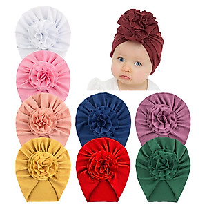 inSowni 8 Pack Solid Nursery Hospital Turban Hat Cap Beanie Bonnet with Flower for Baby Girls Toddlers Newborns Infants