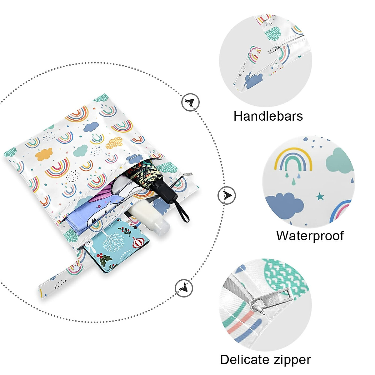 JXDXHCW Waterproof Wet Bag 2 Pack Cute Cartoon Rainbow Pattern Cloth Diaper Bag Travel Swimsuit Pool Gym Clothes Cosmetic 2 Zipper Pockets Dry Wet Pouch Set