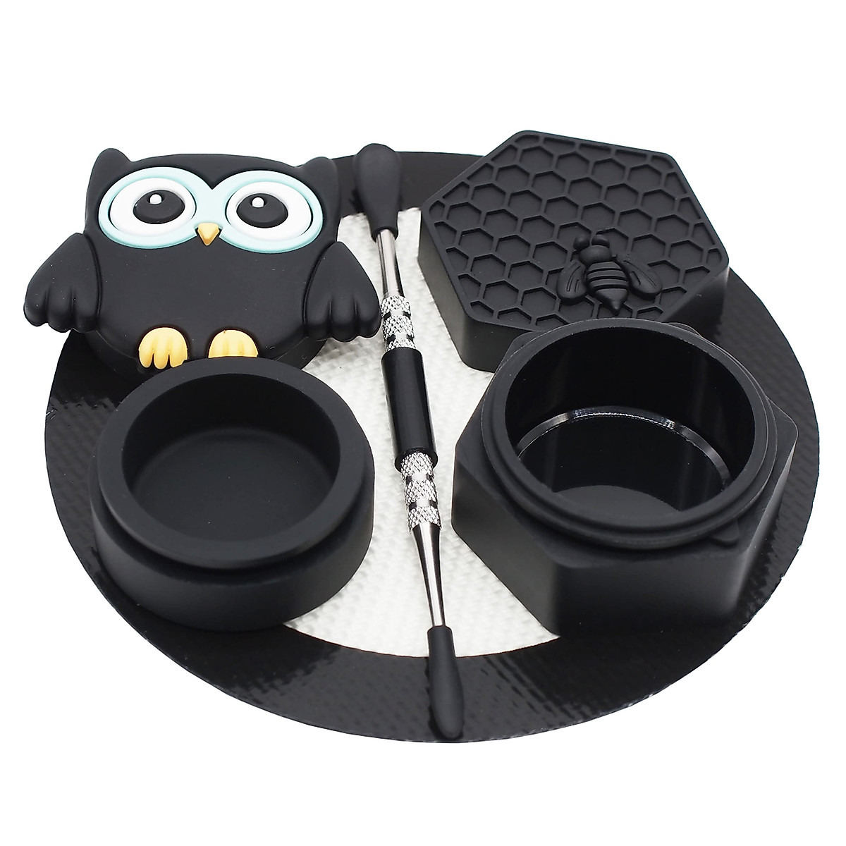 Vitakiwi Wax Silicone Container 26ml Hexagon 11ml Owl with 4.98" Round Mat and 4.8" Stainless Steel Carving Tool (Black)