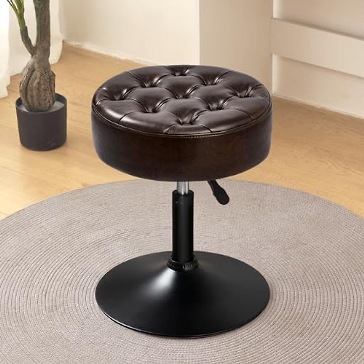 Furniliving Mid-Century Tufted Adjustable Swivel Makeup Ottoman Stool; Modern Big Size Round Vanity Stool Chair for Bedroom Living Room (BlackBrown)