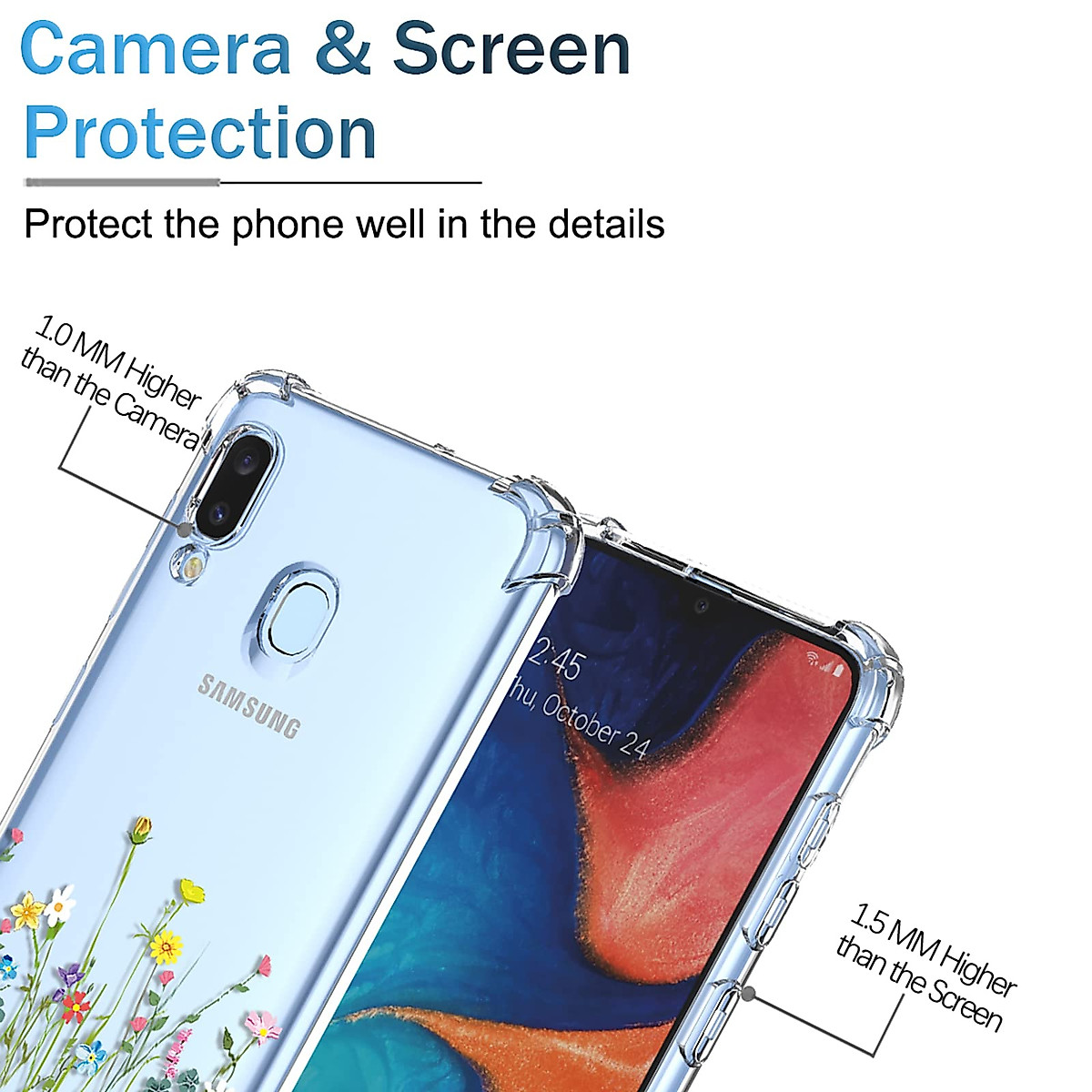 OEURVQO for Galaxy A40 Samsung A40 SM-A405F Case Clear Floral Flower Pattern Soft TPU Shockproof Bumper Anti-Scratch Protective Phone Cover for Samsung Galaxy A40 (Little Wild flowers)