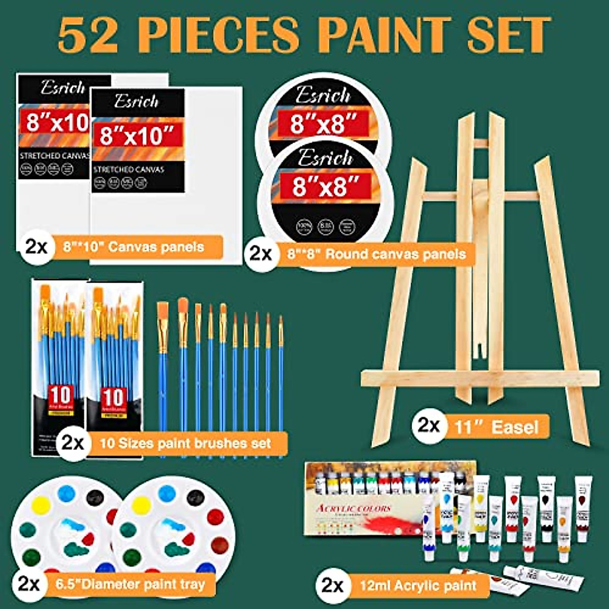 ESRICH Acrylic Paint Canvas Set,52 Piece Professional Painting Supplies Kit with 2 Wood Easel,2 * 12Colors,2 * 10 Brushes,Circular Canvas Etc,Premium Paint Kit for Kids,Students, Artists and Beginner