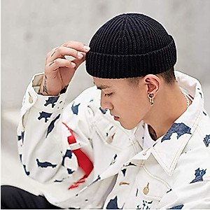 vidsel Short Fisherman Beanie for Men Women, Swag Wool Knit Cuff Trawler Skullcap,Winter Warm Hats Black