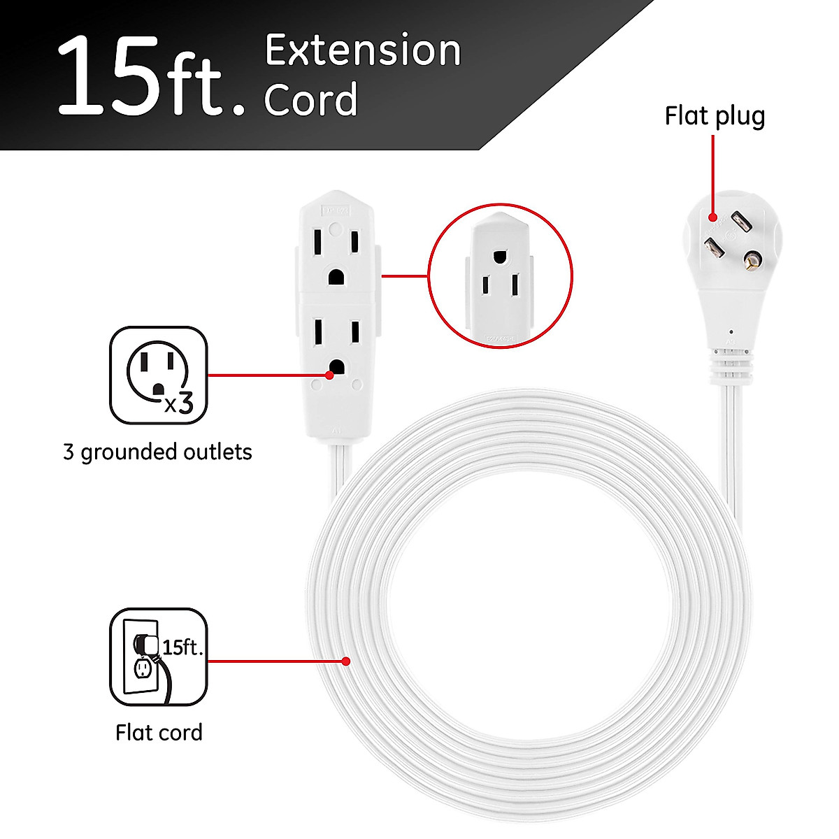 GE 3-Outlet Flat Extension Cord 15 Ft Grounded Extension Cord with Multiple Outlets 3 Prong Outlet Extender Flat Plug Power Strip Indoor Extension Cord 16 Gauge UL Listed White 56986