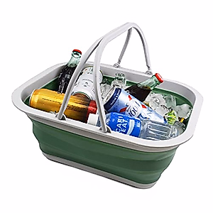 SAMMART 15L (4 Gallons) Collapsible Basket with Handle - Portable Outdoor Picnic Basket/Crater - Foldable Shopping Bag - Space Saving Storage Container (Dark Sea Green + Dusky Pink)