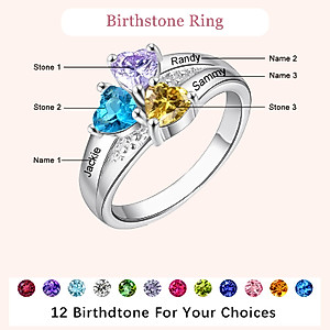 AGISLONE Custom Name Ring for Women Personalized Mom Family Rings with Heart Birthstones for Mother Grandmother Wife (4 stone)