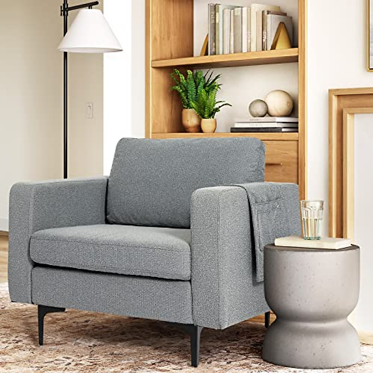 Giantex Single Sofa, Accent Chair, Leisure Chair w/Comfy Thick Cushion, Armrest Magazine Pockets, Metal Legs, Living Room Upholstered Armchair for Bedroom Reception Room