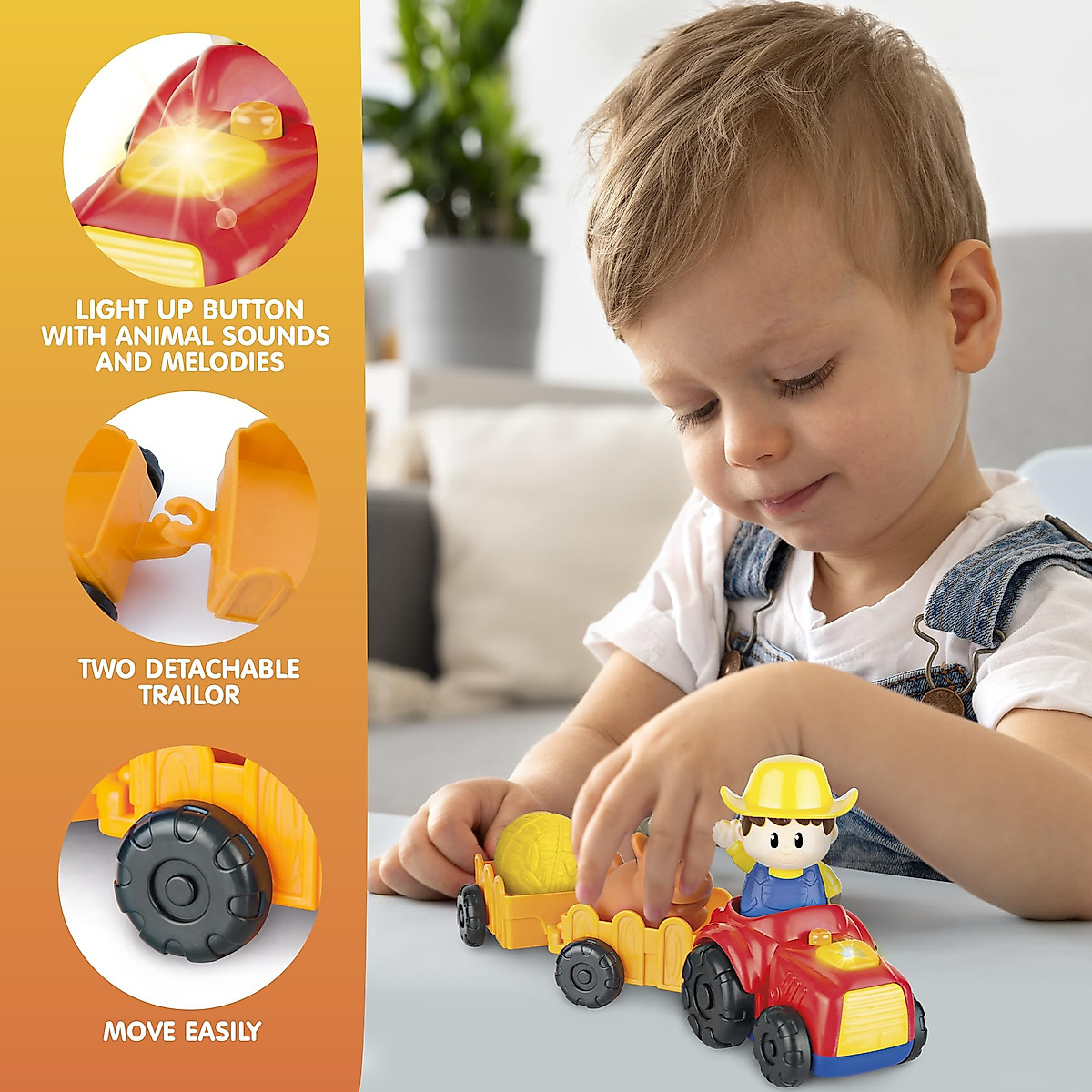 Tractor Toy with Farmer, Farm Animals and Wagons. Light Up Button Can Be Pressed for Animal Sounds and Melodies. Toddler Toys for a Farm Pretend Play for 18 + Month Old. Farm Toys for Baby Gifts