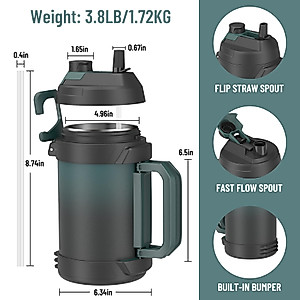 Zukro 1 Gallon Water Jug, One Gallon Large Triple Wall Insulated Metal Jug With Straw and Spout, No Sweat 128 oz Stainless Steel Sport Water Bottle Keeps Cold 48 Hours for Outdoors, Cyan