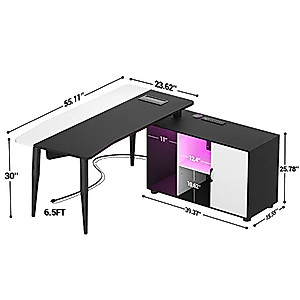 Unikito 55inch Computer Desk with Cabinet, Large Black L Desk with LED and Charging Station, Home Office Desk with Door and Storage, Office Desk with Power Outlet, Gaming White Desk PC Table