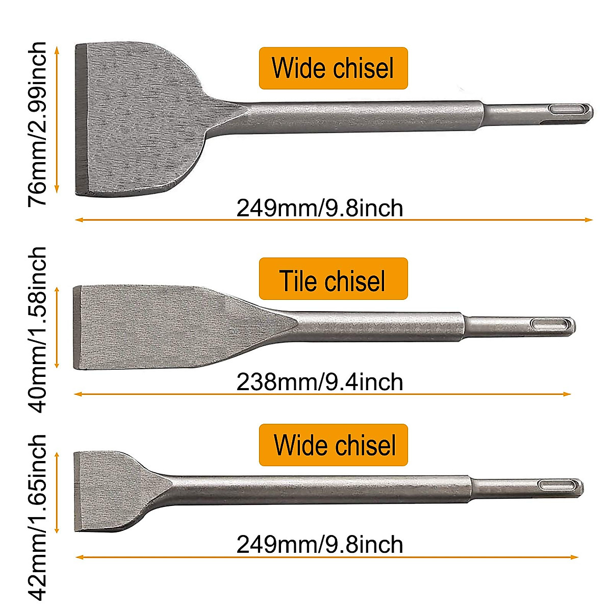 SDS Plus Hammer Drill Chisel Set, Rotary Hammer Bits Set Including Tile chisel, Grooving Chisel, Scrapping Chisel, Flat Chisel, Point Chisel, Scaling Chisel for Tile Masonry Concrete Brick Stone Work