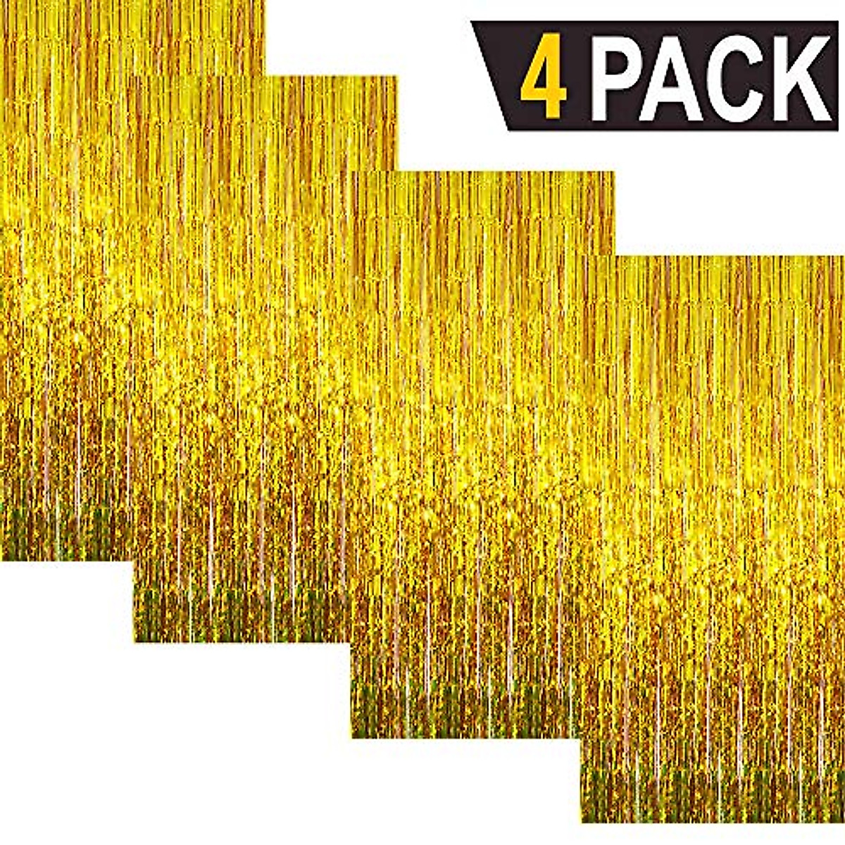 GOER 3.2 ft x 9.8 ft Metallic Tinsel Foil Fringe Curtains Party Photo Backdrop Party Streamers for Birthday,Graduation,New Year Eve Decorations Wedding Decor (4 Packs,Gold)