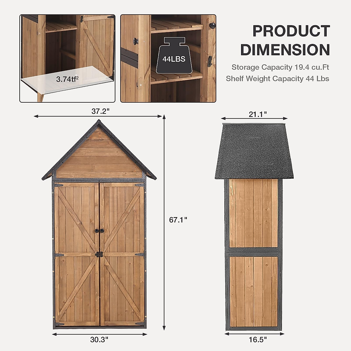 MEDEHOO Indoor Outdoor Storage Cabinet with Waterproof Roof Storage Shed with Adjustable Shelves Large Capacity Wooden Storage Shed with Metal Frame Structure for Backyard Garden Patio Lawn (Brown)