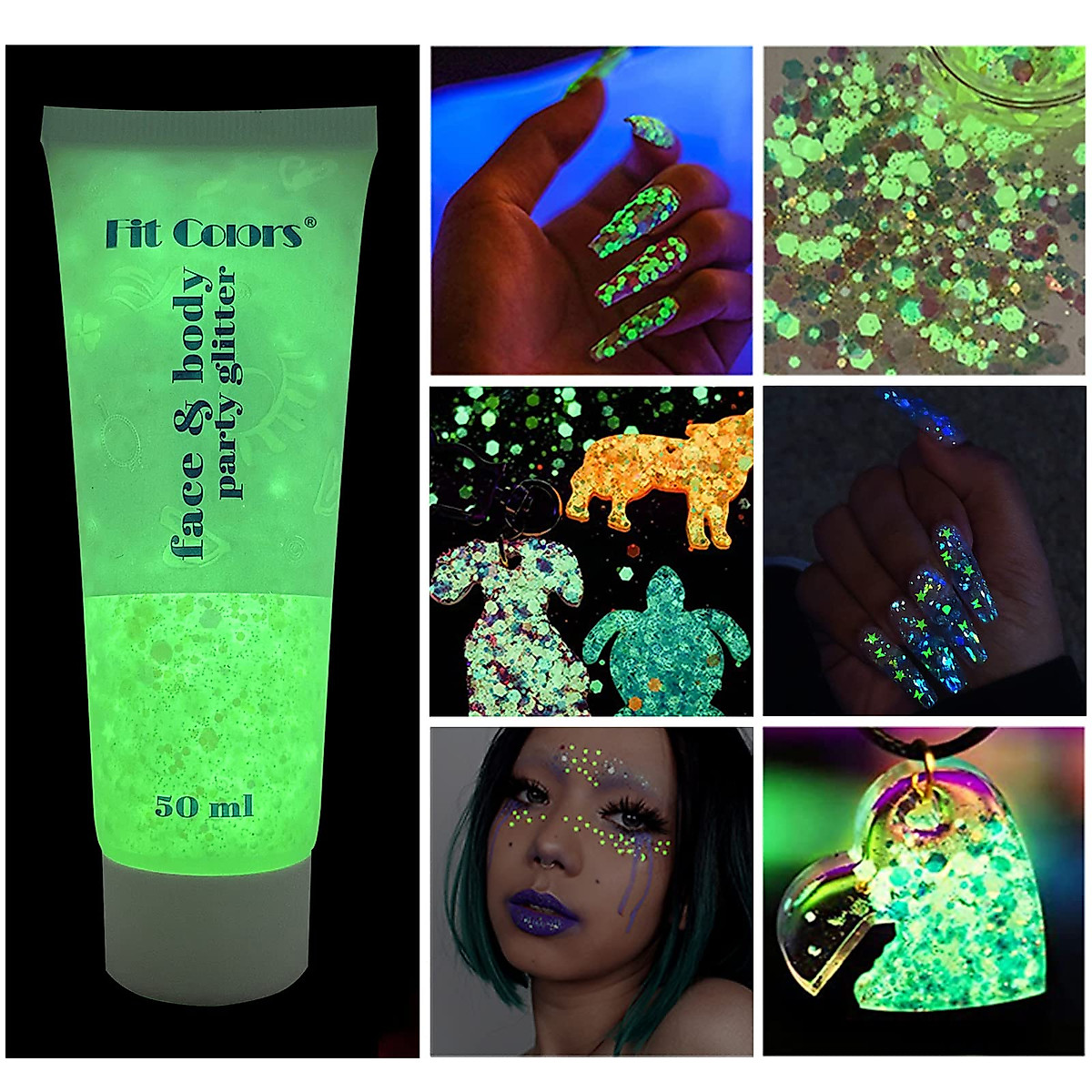 Glow in The Dark Body Glitter Gel, Holographic Chunky Glitter Makeup for Body, Hair, Face, Nail, Super Long Lasting Waterproof Luminous Face Glitter Gel for Carnival Party（#8 Luminous Glitter,1PC）