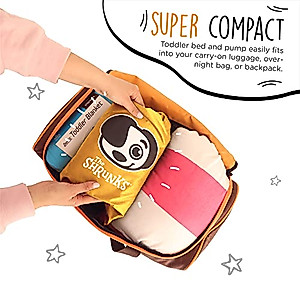 The Shrunks Portable Toddler Travel Bed | Kids Air Mattress Inflatable Bed with Safety Side Rails | Blow Up Floor Bed + Disney Cars Crib Sheet and Pillowcase Set for Boys - Lightening McQueen, Mater