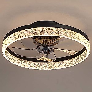 QUMFIXPU 20" Round Flush Mount Ceiling Fan with Lights, Modern Dimmable LED Low Profile Fan, Hidden Reversible Blades, Multi-Speed and Timing with Remote Control (Black)…