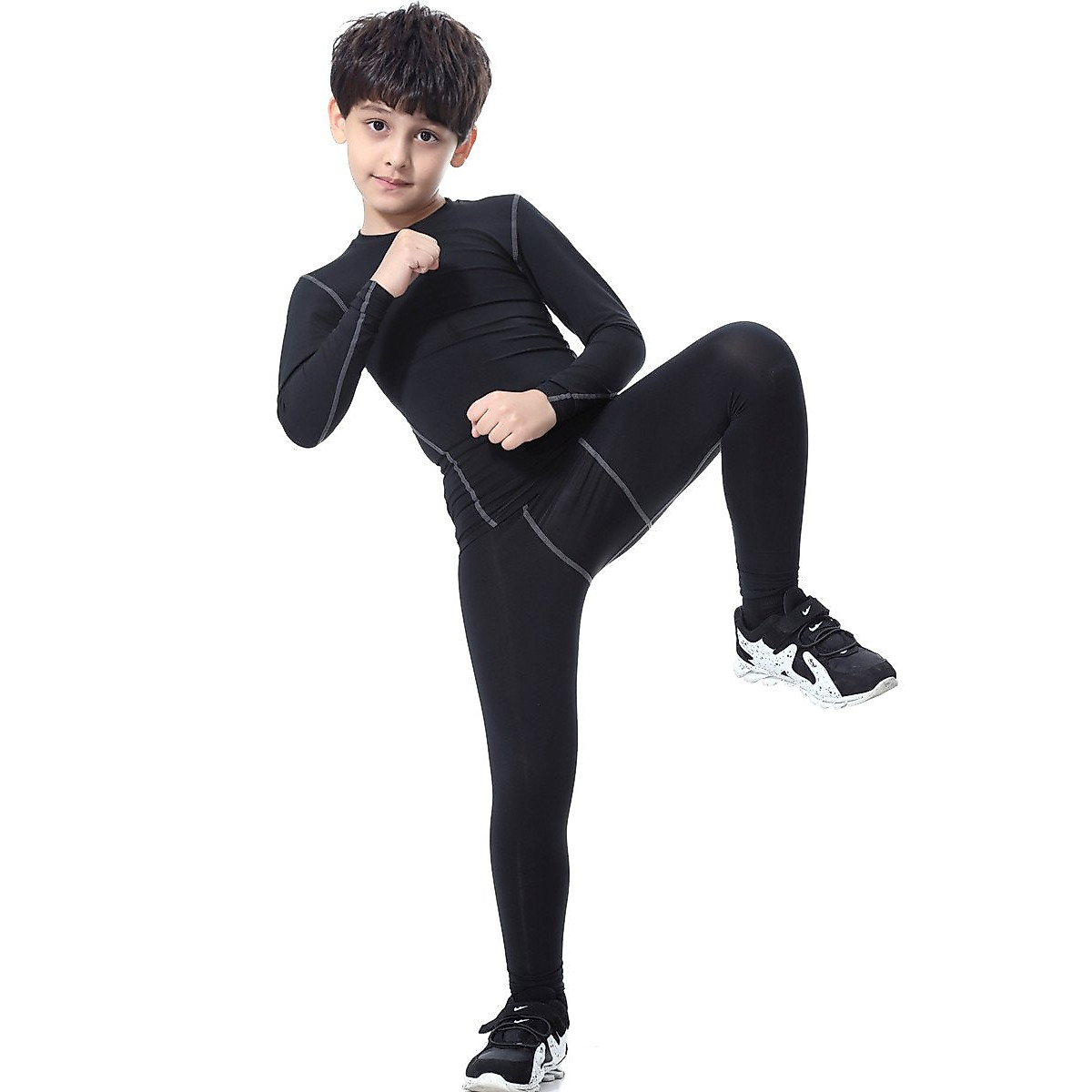 CVVTEE Boys Athletic Base Layer Compression Underwear Set 2pcs Thermal Long John for Kids (Black, 10)