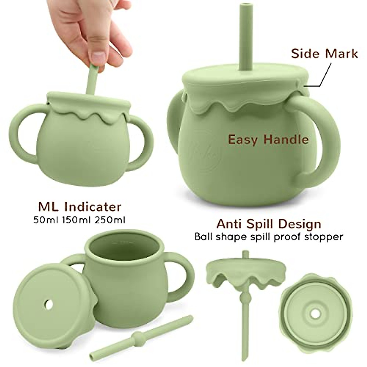 Baby Silicone Feeding Set - BPA Free Baby Led Weaning Supplies With Suction Bowl, Rainbow Divided Plate, Spoons, Forks, Sippy Cup Adjustable Bib, Teether - Self Feeding Dish Set for 6+Months (Olive)