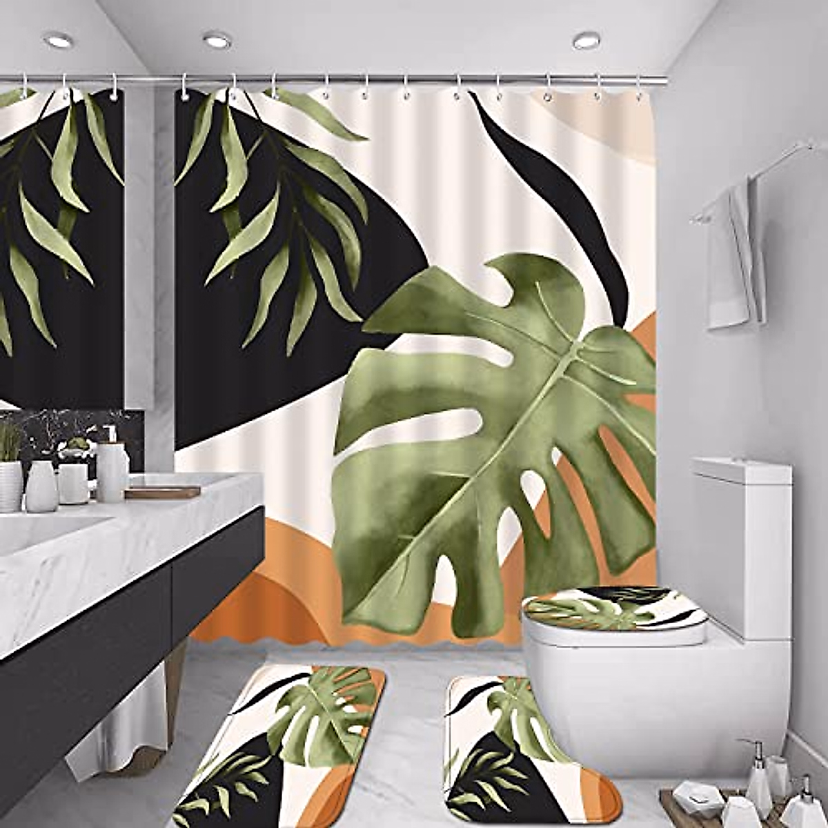 FZDHHY Abstract Tropical Shower Curtain Set Palm Leaf Botanical Bathroom Curtain Set Waterproof Bathtub Curtain with Bathroom Carpet Bath Mat Toilet Rugs