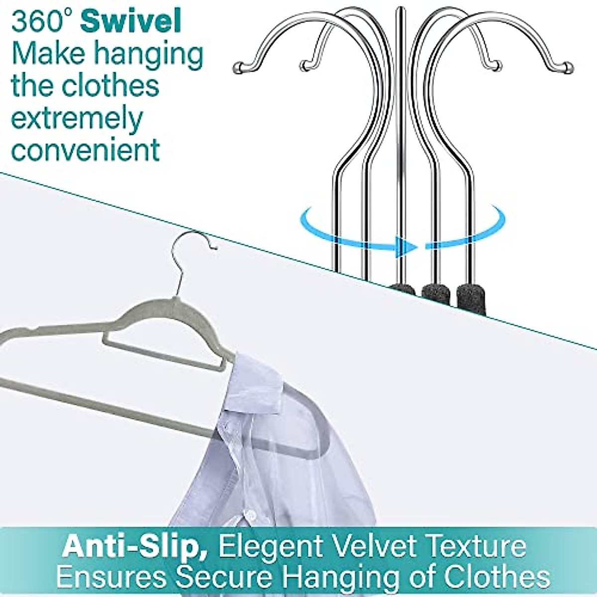 Velvet Hangers - Premium Clothes Hanger Set with Velvet Cover - Hangers Non Slip with Additional Accessory Holder – Clothing Hangers with Strap Holders – Elegant Design with Swivel Hook – 50pcs