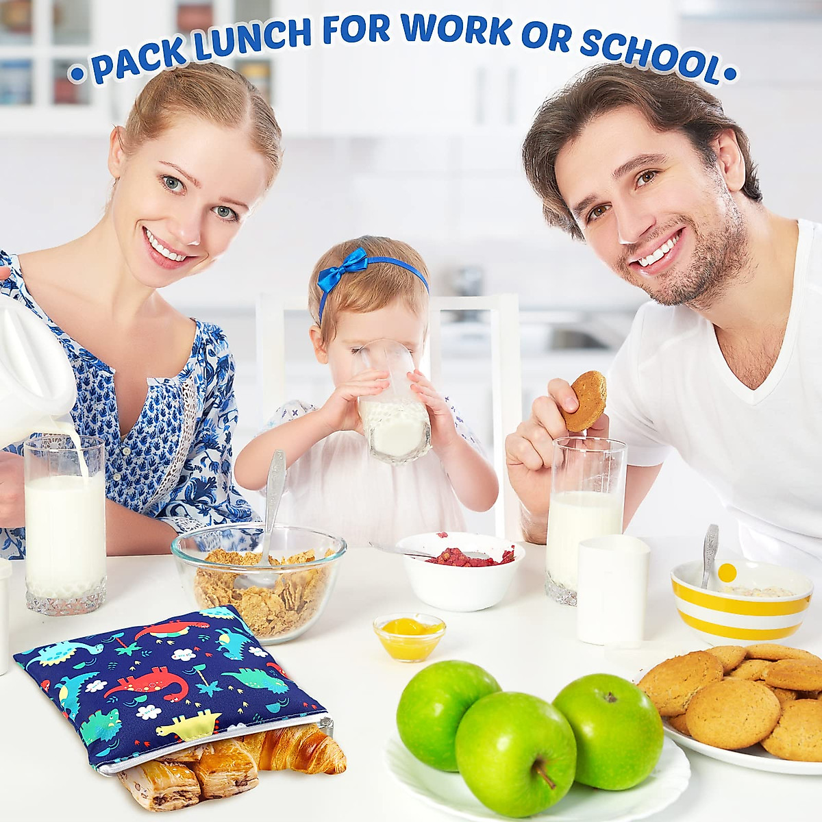 12 Pieces Reusable Snack Bags for Kids Zipper Snack Pouches Washable Silicone Sandwich Bags Food Safety Snack Bags Dual Layer Bag (Funny Style)