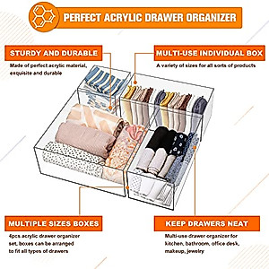 ChengFu Deep Drawer Organizer, Deep Drawer Dividers, 4pcs Acrylic Junk Drawer Organizer Set, Multi-use Junk Drawer Organizer for Office Desk, Kitchen, Bedroom, Makeup, Jewelry, Bathroom