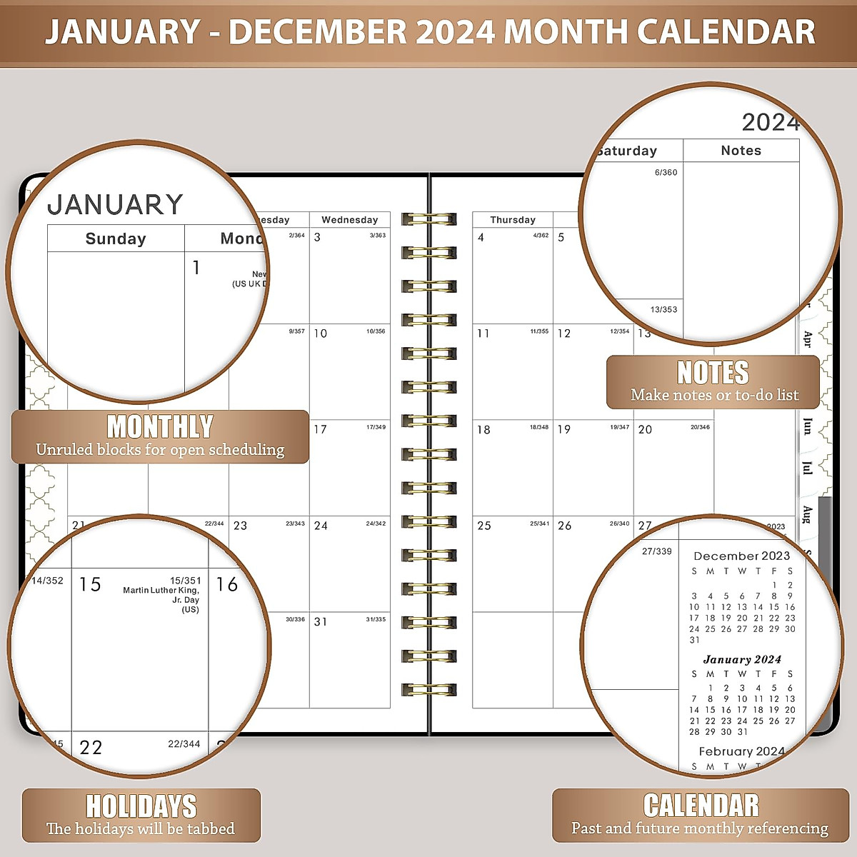 Planner 2024 - Planner/Calendar 2024, Jan.2024 - Dec.2024, 2024 Planner Weekly & Monthly with Tabs, 6.3" x 8.4", Hardcover + Back Pocket + Twin-Wire Binding, Daily Organizer - Mystic Black