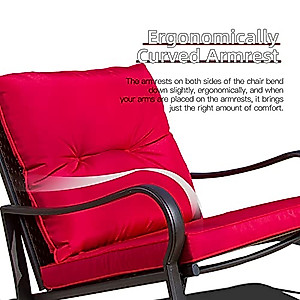 Domi Outdoor Bistro Set 3 Pieces Rocking Chairs Wicker with Curved Armrest Patio Furniture with Glass Top Coffee Table (Red Cushion)