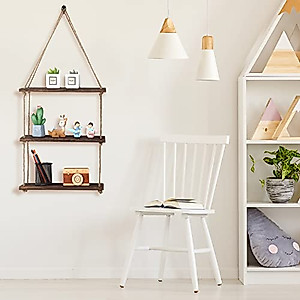 2 Sets Hanging Shelves for Wall 3 Tier Antique Wood Floating Hanging Shelf with Ropes Window Plant Shelves Rustic Storage Rack Wooden Floating Small Bookshelves for Bedroom Living Room Bathroom Decor