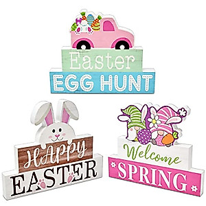 3 Easter Wooden Table Decorations Centerpieces Blocks Spring Bunny Truck Gnome Egg Hunt Tiered Tray & Table Top Sign Decor for Office Dining Room Mantle Home Wood Rustic Farmhouse Party Supplies