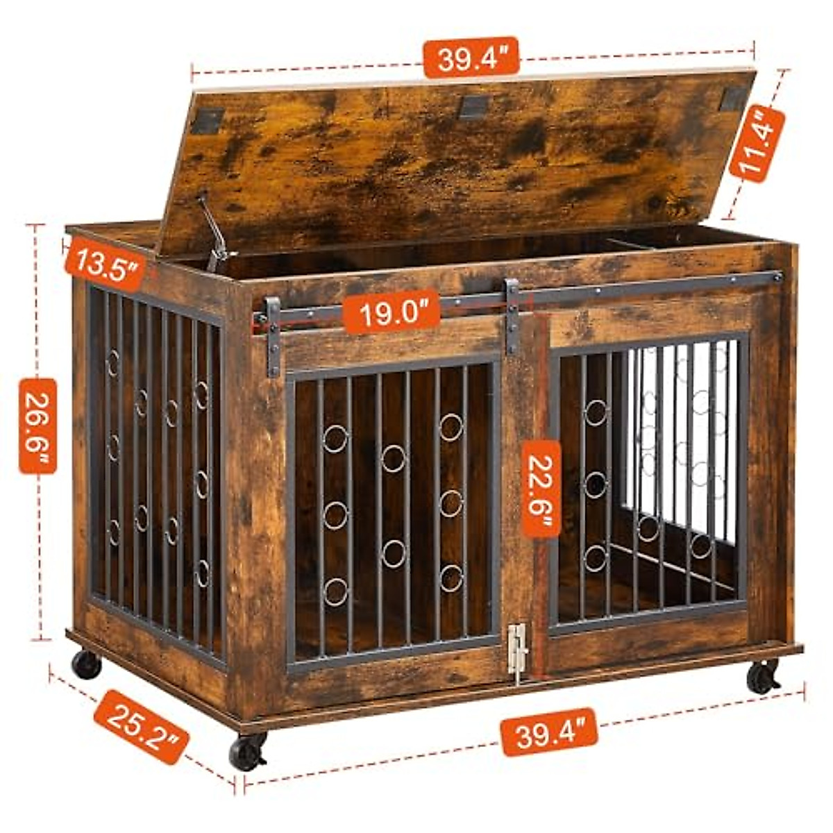Rophefx Dog Crate Furniture with Sliding Door, Dog Kennel Indoor with Partition for Two Puppies, Dog Cage with Flip-up Top and Wheels, Chew-Resistant Wooden Double Dog Crate, Brown